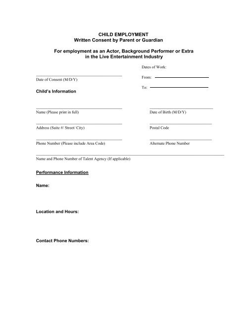 CHILD EMPLOYMENT Written Consent by Parent or Guardian For ...