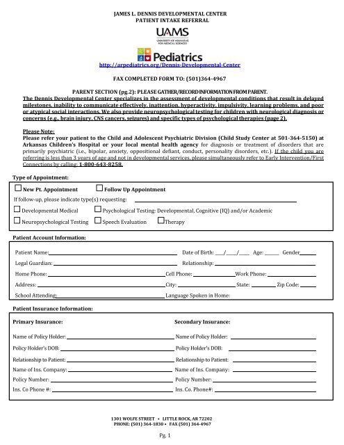 DDC Intake Form - Arkansas Children's Hospital