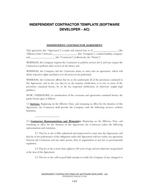 INDEPENDENT CONTRACTOR TEMPLATE (SOFTWARE DEVELOPER - AC)