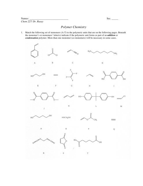 Polymer Worksheet - ChemConnections