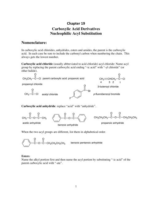 Chapter 19 Carboxylic Acid Derivatives Nucleophilic Acyl ... - myweb