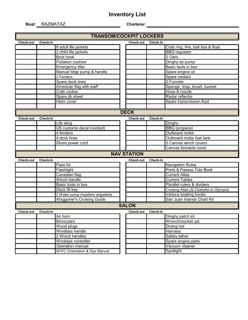 Inventory List - Ship Harbor Yacht Charters