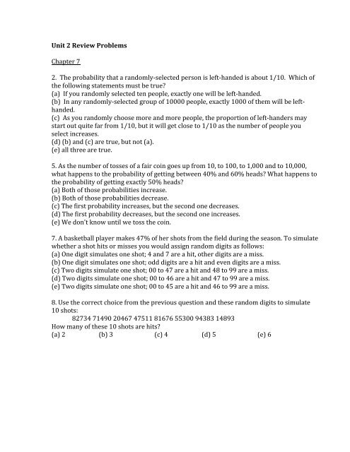 Unit 2 Review Problems Packet - Westminster Home