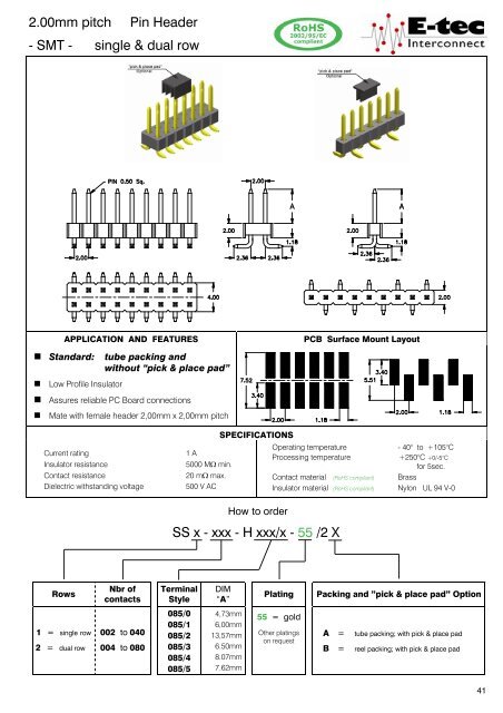 2.00mm pitch Pin Header - SMT - single & dual row SS x - xxx ... - EMC