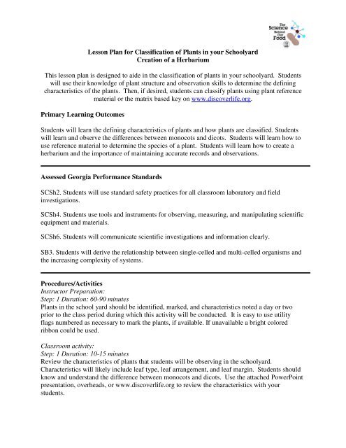 Lesson Plan for Classification of Plants in your Schoolyard Creation ...