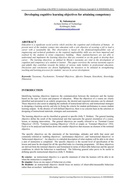 Developing cognitive learning objectives for attaining competency, K ...