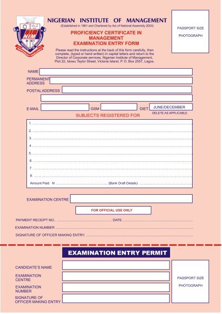 NIM EXAM FORM - Nigerian Institute of Management