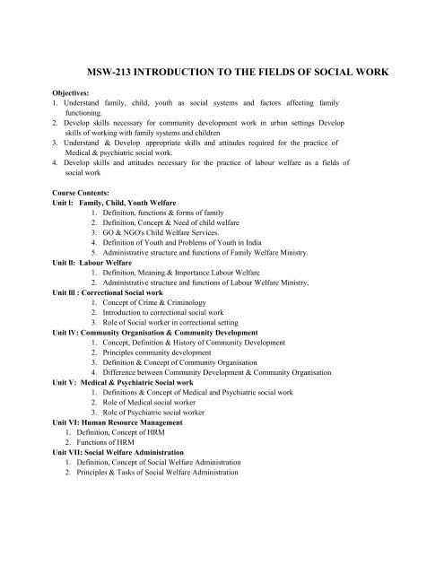 MSW-213 INTRODUCTION TO THE FIELDS OF SOCIAL WORK