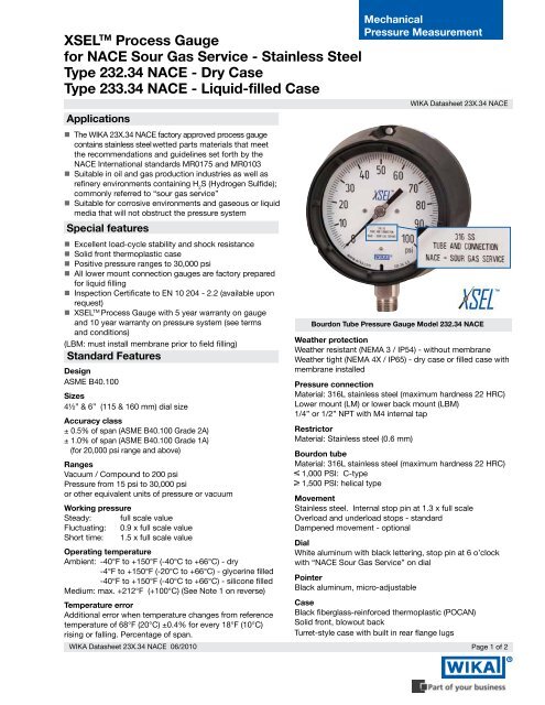 XSEL Process Gauge NACE Sour Gas Service - Stainless ... - WIKA