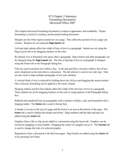 IC3 Chapter 3 Summary Formatting Documents Microsoft Office 2007
