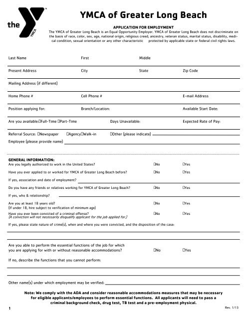 Job Application - YMCA of Greater Long Beach