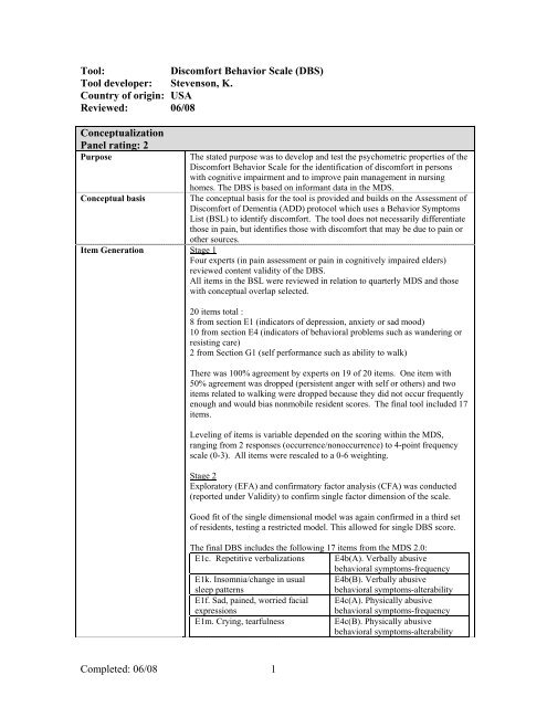 Discomfort Behavior Scale (DBS) - Pain Resource Center