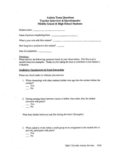 Autism Team Questions Teacher Interview & Questionnaire Middle ...
