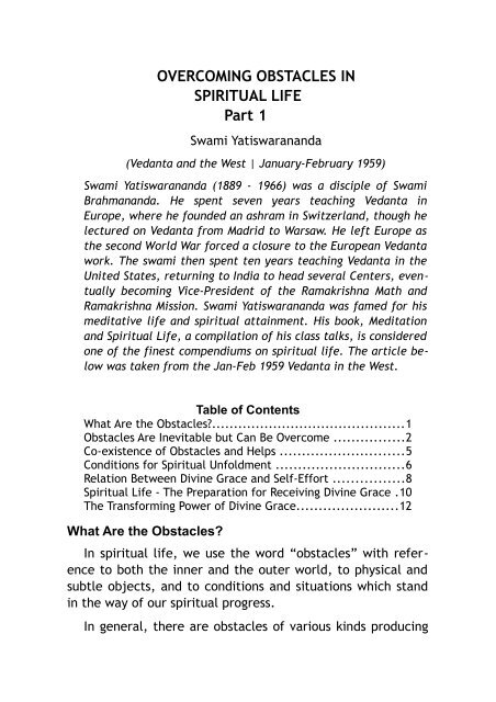 Overcoming Obstacles in Spiritual Life - Vedanta