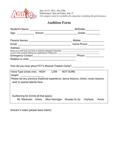 2012 Theatre Camp Audition Form FCT - Fauquier Community Theatre
