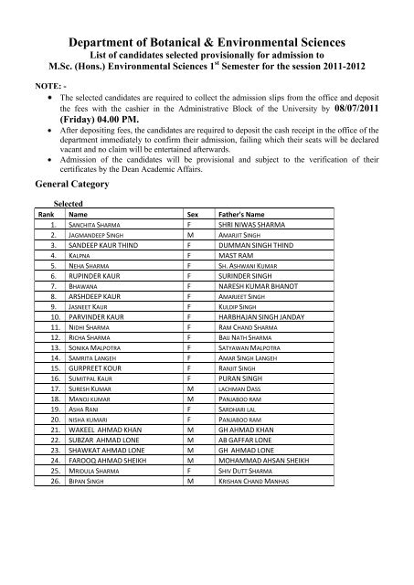 List of candidates selected provisionally for admission to M