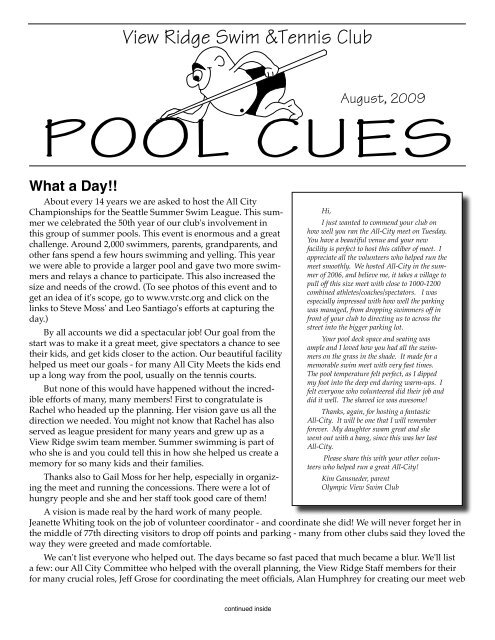 POOL CUES - View Ridge Swim and Tennis Club