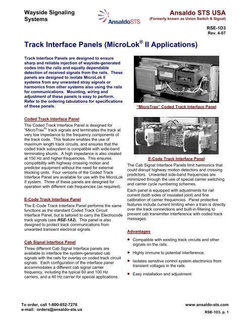 Track Interface Panels (MicroLok II Applications) - Ansaldo STS