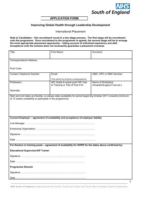 1 APPLICATION FORM Improving Global Health through ...