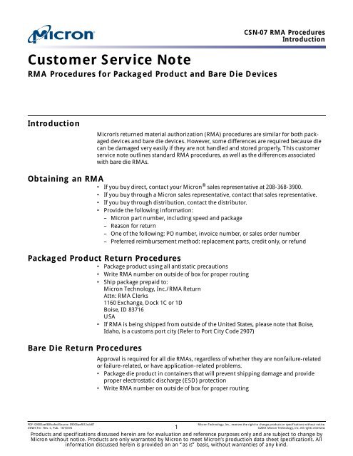 Customer Service Note - Micron