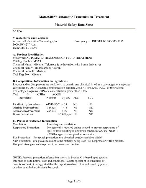 Motor Silk™ ATF Treatment - Advanced Lubrication Technology Inc.