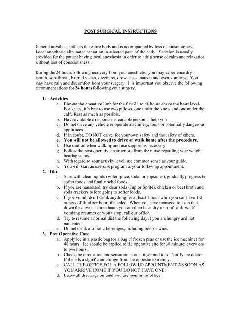 POST SURGICAL INSTRUCTIONS - Arthritis and Orthopedic ...