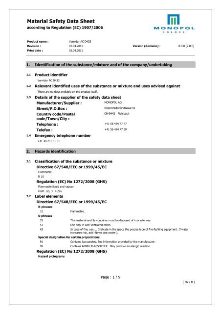 Material Safety Data Sheet - Monopol Colors
