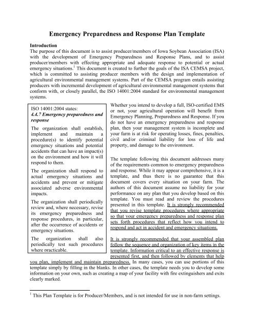 Emergency Preparedness and Response Plan Template - The Iowa ...