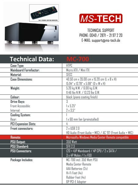 Technical Data: MC-700 - MS-Tech