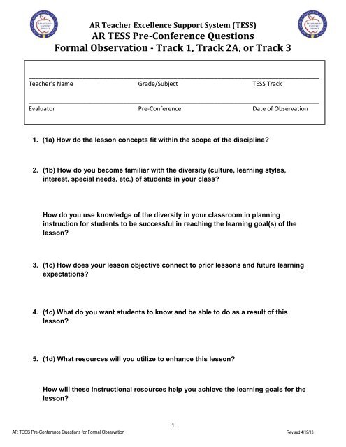 AR TESS Pre-Conference Questions Formal Observation - Track 1 ...