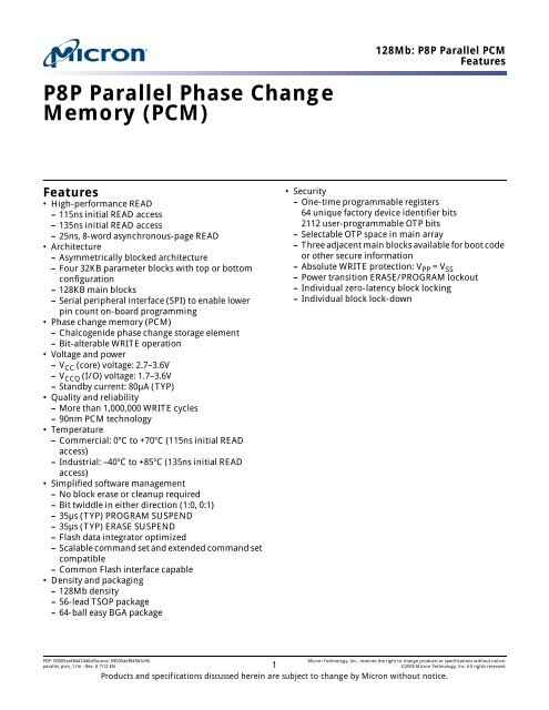 P8P Parallel Phase Change Memory (PCM) data sheet - Micron
