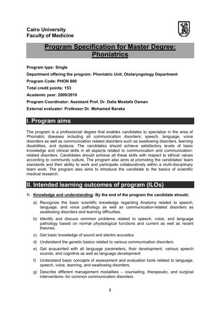 Program Specification for Master Degree: Phoniatrics