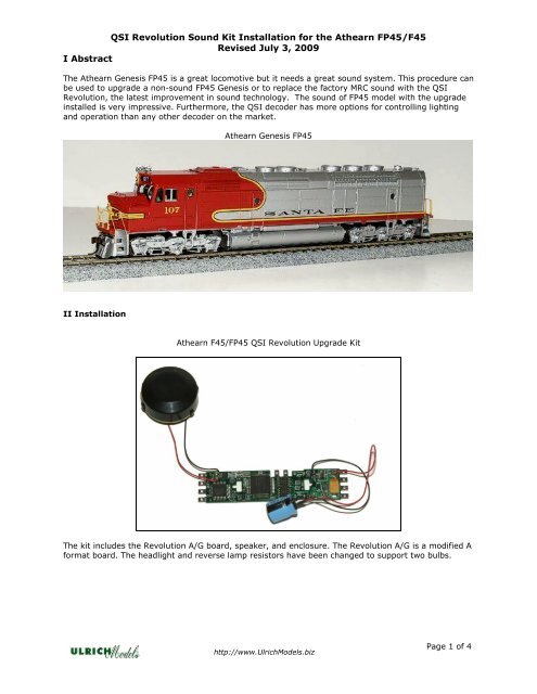 QSI Revolution Sound Kit Installation for the Athearn ... - Ulrich Models