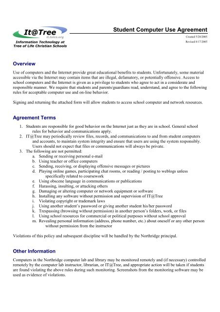Student Computer Use Agreement - Tree of Life Christian Schools