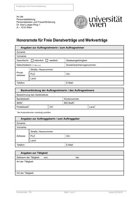 Honorarnote fÃ¼r Freie DienstvertrÃ¤ge und WerkvertrÃ¤ge