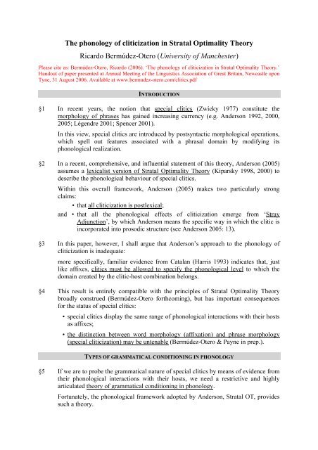 The phonology of cliticization in Stratal Optimality Theory Ricardo ...
