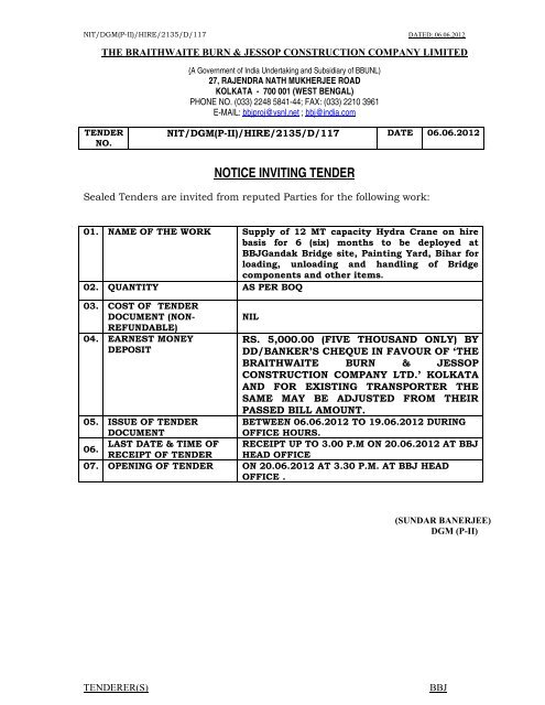 Hydra Crane Hire Tender - Braithwaite Burn & Jessop (BBJ)