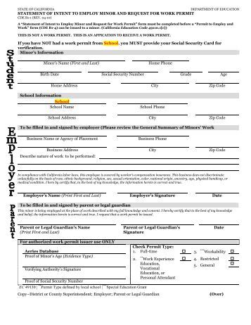 Request for Work Permit - Work Experience (CA Dept of Education)