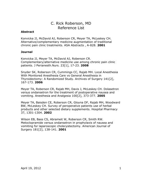 C. Rick Roberson, MD Reference List