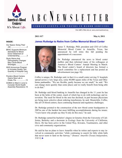 James Rutledge to Retire from Coffee Memorial Blood Center