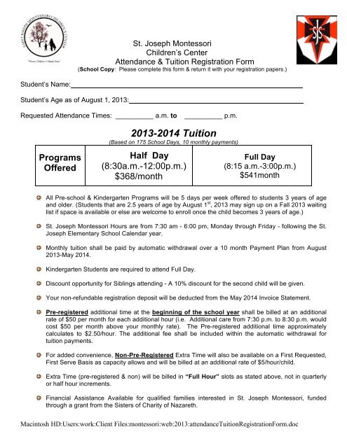 Attendance & Tuition Registration Form - Saint Joseph Montessori ...
