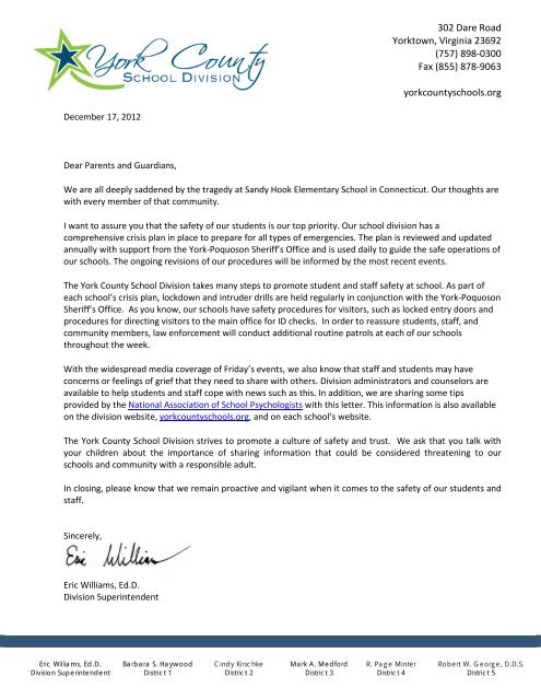 School Safety Letter & Parent Tips - York County Schools