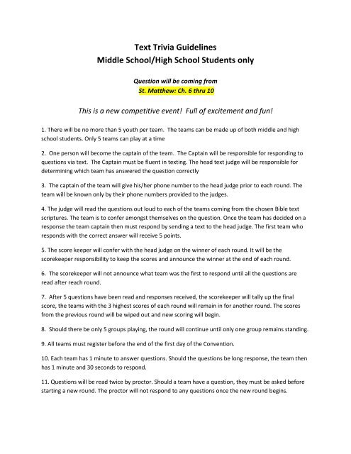 Text Trivia Guidelines Middle School/High School Students only