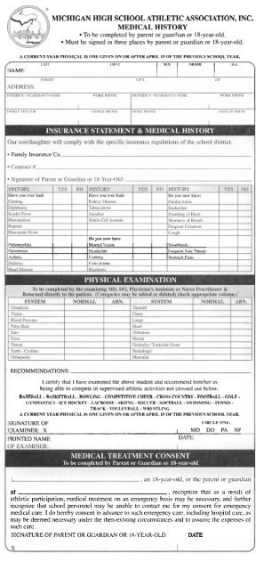Michigan High School Athletic Association, Inc. Medical History form