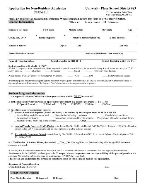 Application for Non-Resident Admission - University Place School ...