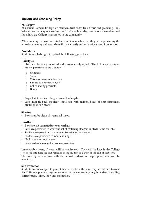 Uniform and Grooming Policy - Casimir Catholic College