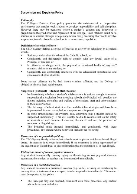 Suspension, Transfer and Exclusion Policy - Casimir Catholic College