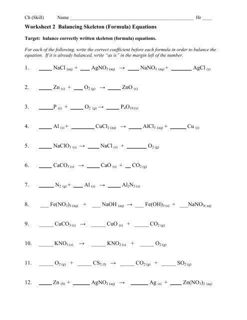 Worksheet 2 7 Balancing Equations Answer Key 2 Balancing Chemical 