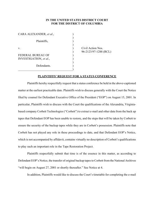 Request for a Status Conference - Judicial Watch