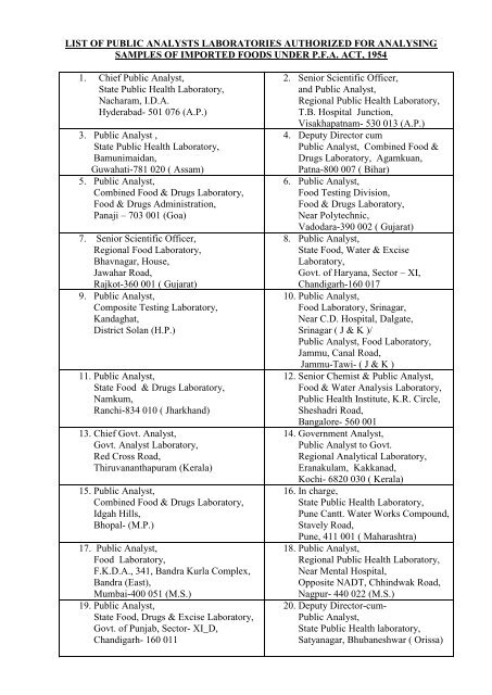 List of Public Analysts Laboratories authorised for analysing ...